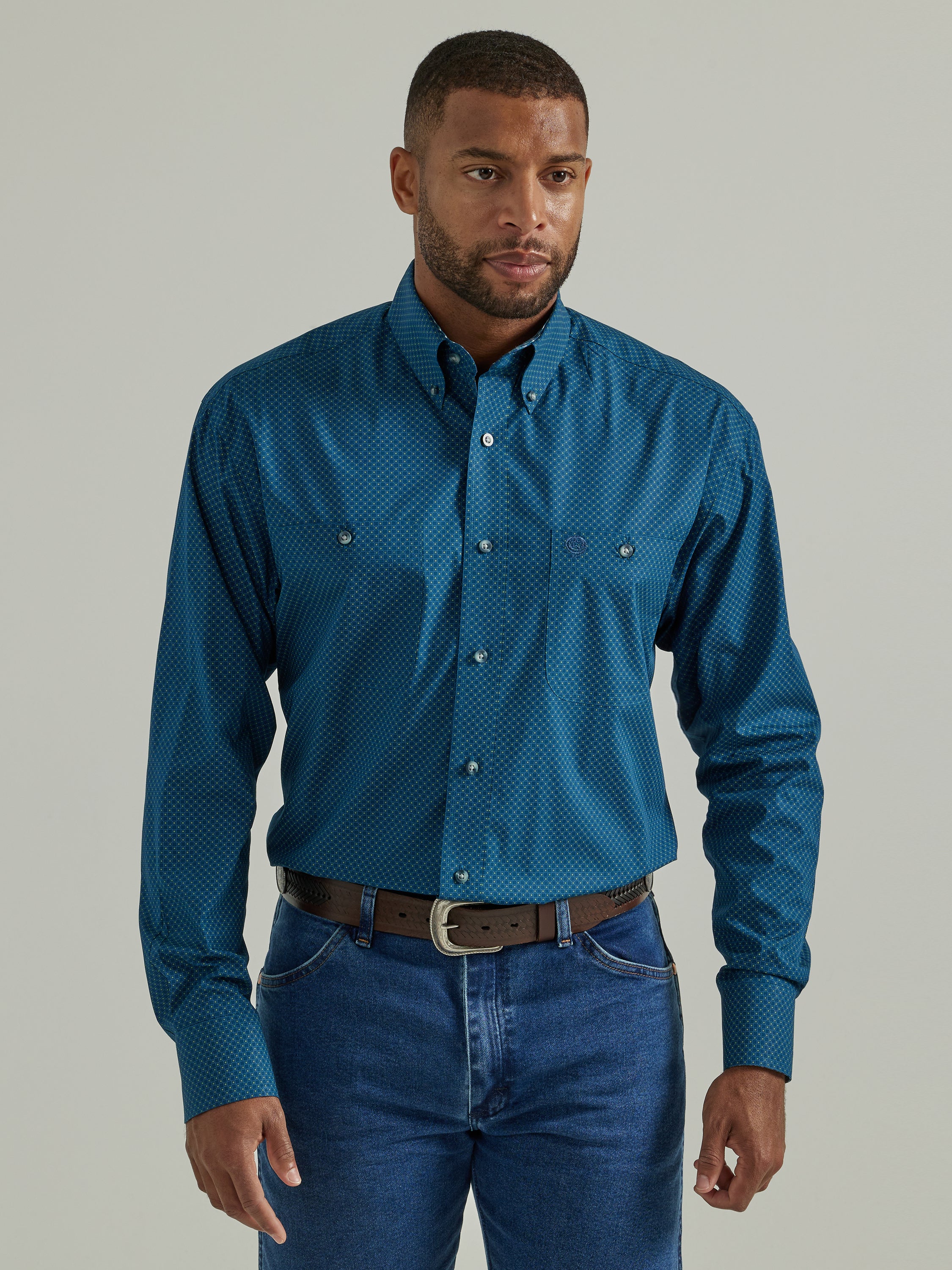 Wrangler Men's George Straight Long Sleeve 2 Packets Blue Shirt – Gavel ...