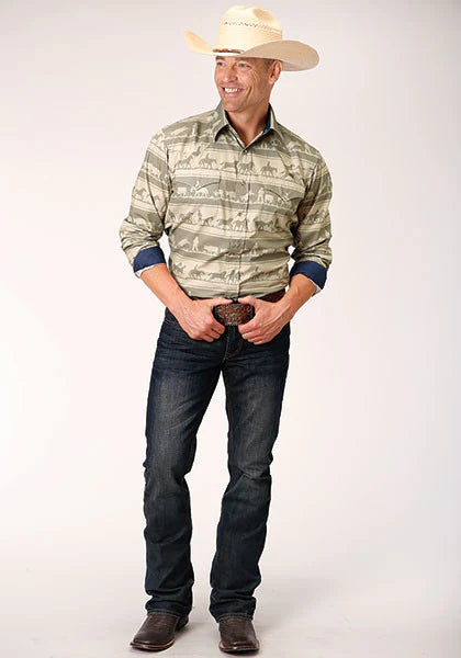 Roper Men's Horizontal Print Cowboy Rugby Horizontal Long Snap Shirt ...